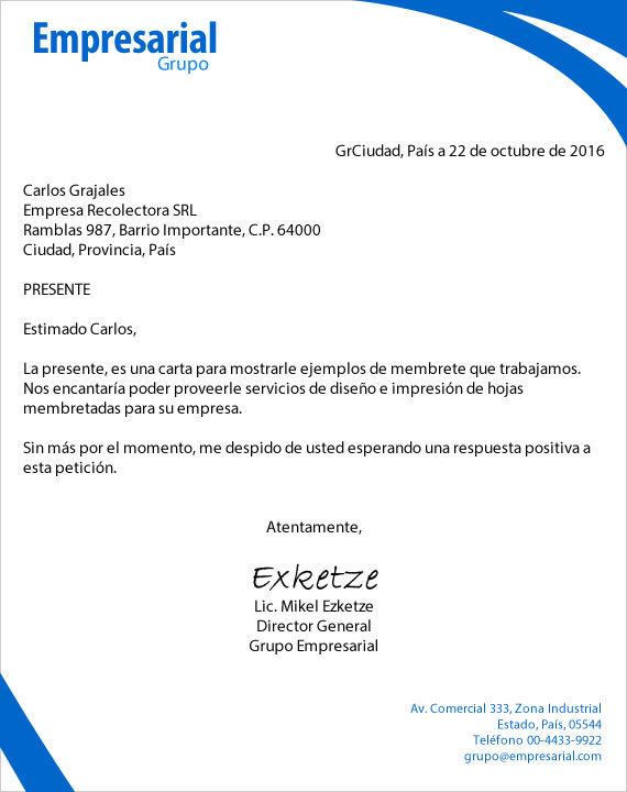 Carta Membretada Ejemplo Carta Membretada Ejemplo